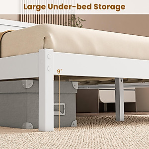 KOMFOTT Full Size Wood Platform Bed Frame with Headboard, Mid-Century Bed Frame with Wooden Slats Support & Under Bed Storage Space, No Box Spring Required Mattress Foundation (White)