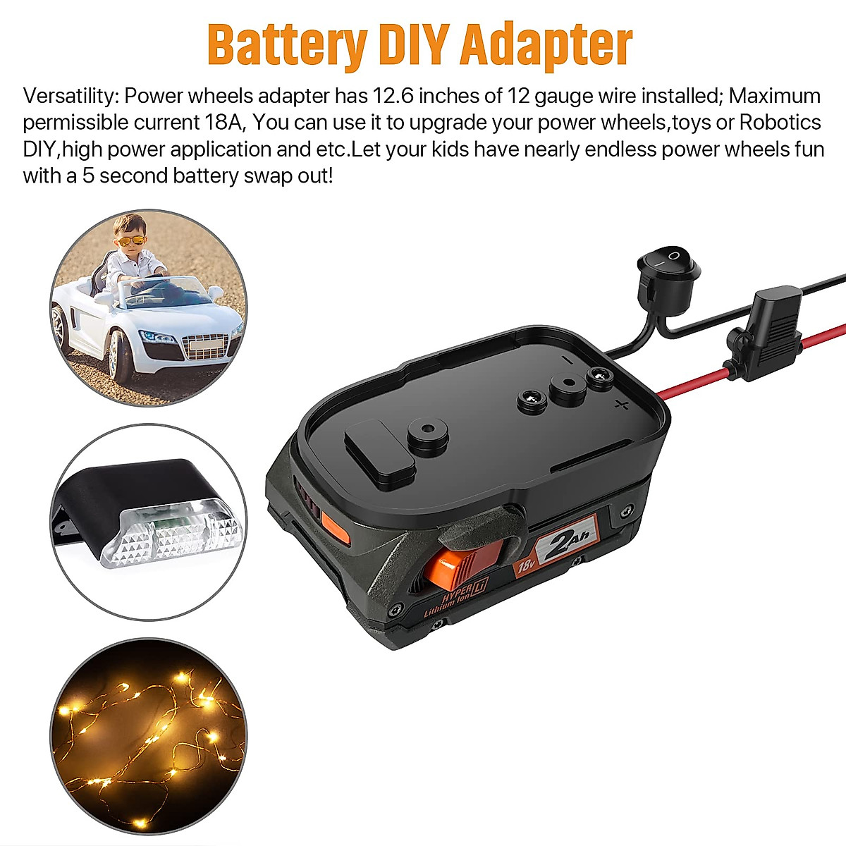 Power Wheel Adapter with Fuse & Switch, Secure Battery Adapter for Ridgid AEG 18V Hyper Lithium Battery, with 12 Gauge Wire,Good Power Convertor for DIY Ride On Truck,Robotics,RC Toys and Work Lights