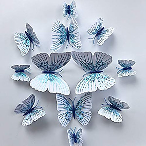24PCS Butterfly Stickers with Sponge Gum and Magnets, White Crystal Removable Butterfly Wall Sticker Decals for Room Home Nursery Decor (Blue Single Wing)