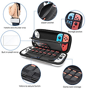 Case and Tempered Glass Screen Protector Compatible with Nintendo Switch OLED, Portable Travel Carrying Case Pouch with Pocket, Slim Protective Shell, Stand, Joystick Caps for Accessories and Games