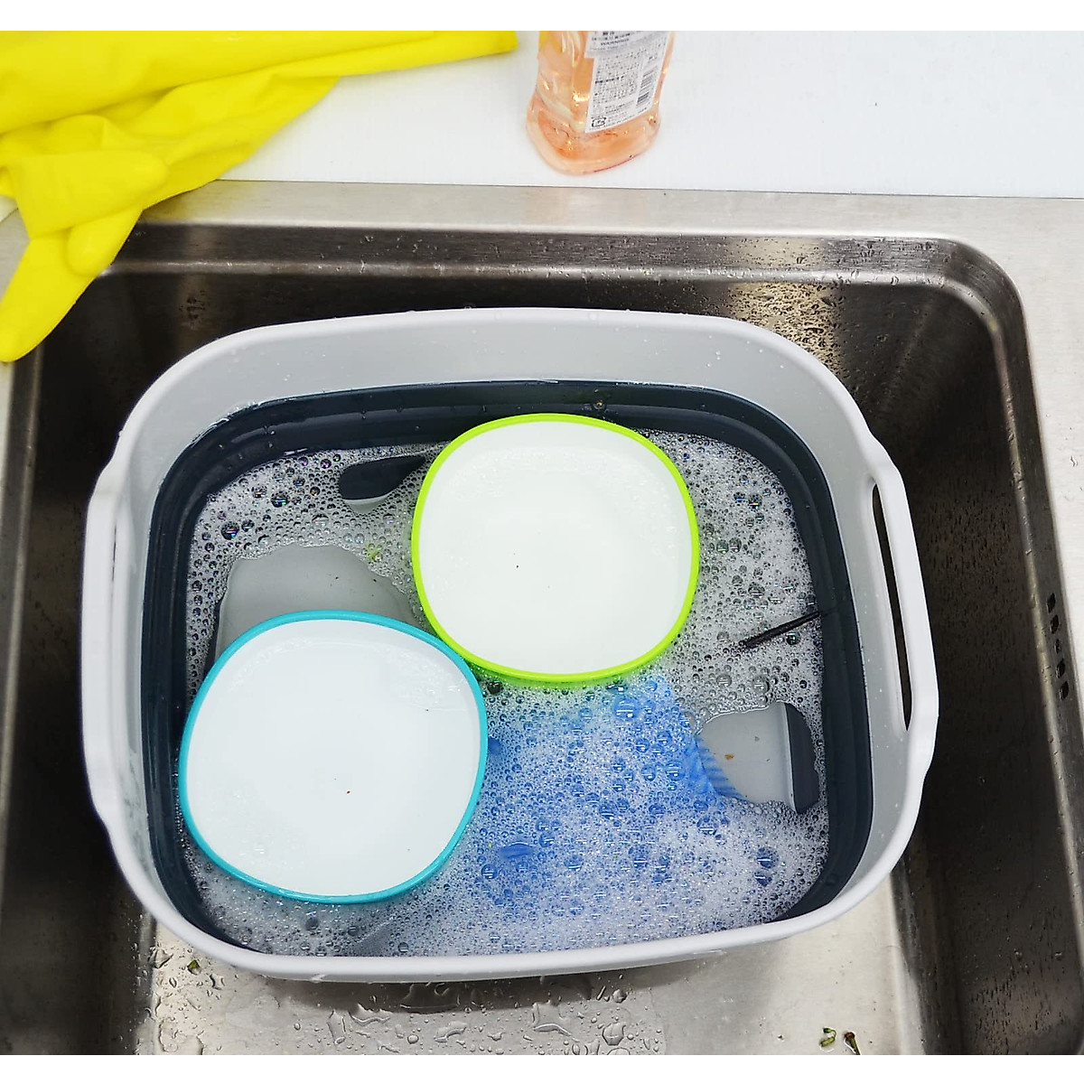 SAMMART 9L Collapsible Dishpan with Draining Plug - Foldable Washing Basin - Portable Dish Washing Tub - Space Saving Kitchen Storage Tray (Grey/Slate Grey, 1)