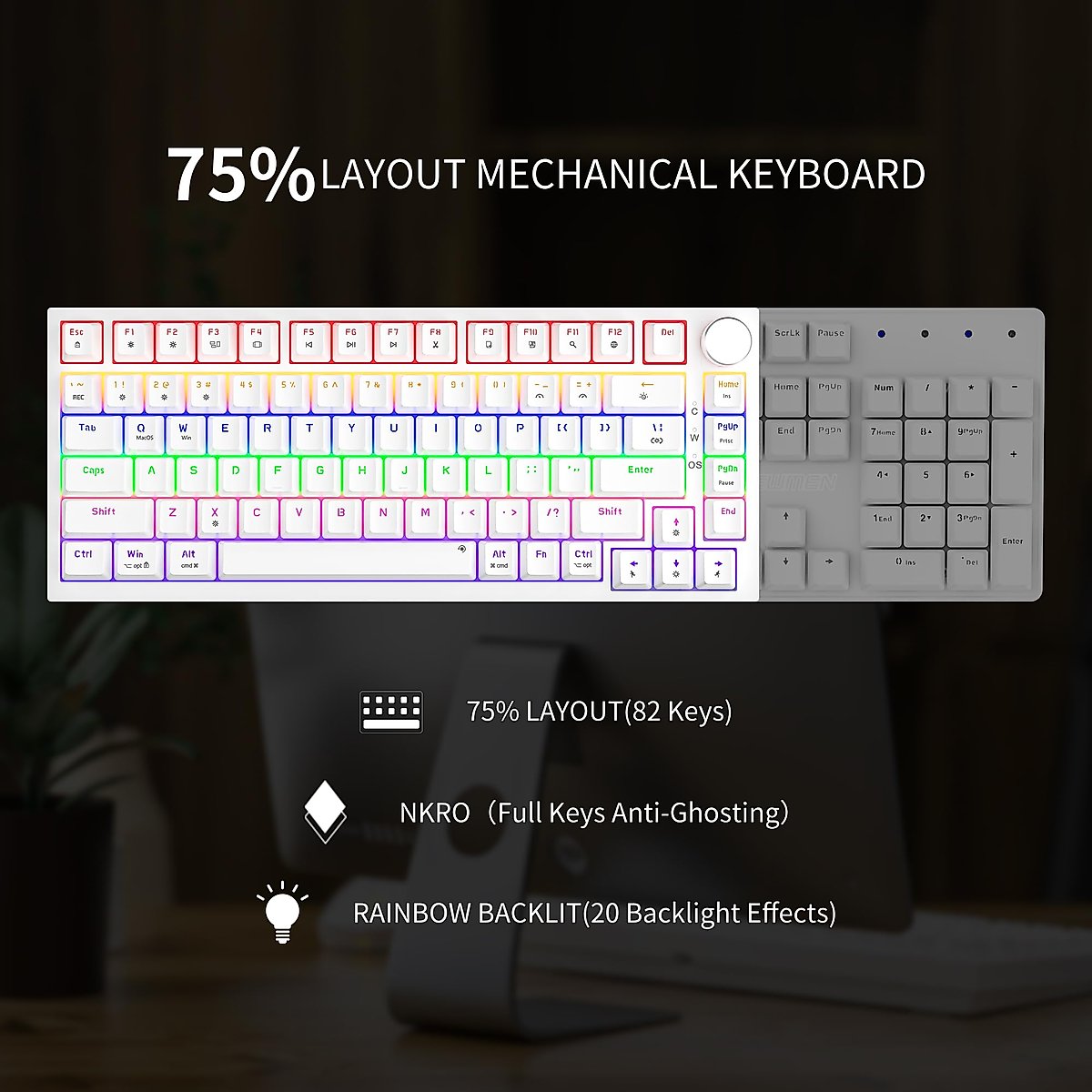 Newmen GM326 75% Percent Mechanical Keyboard,Wired Mini Backlit Hot Swappable Gaming Mechanical Keyboard with Knob,82 Keys Anti-Ghosting Compact White Gaming Keyboard for PC Win Mac,Red Switch