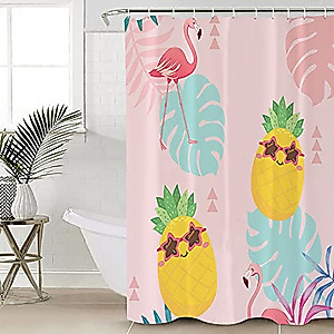 Shower Curtain, Flamingo Pineapple Palm Leaf Tropical Hawaii Washable Shower Curtain with Hooks Bath Decor Fabric Shower Curtains for Bathroom, Hotel, Stalls, Bathtubs, 72x84 in