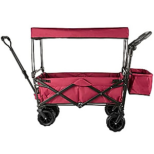Happbuy Extra Large Collapsible Garden Cart with Removable Canopy, Folding Wagon Utility Carts with Wheels and Rear Storage, Wagon Cart for Garden, Camping, Grocery Cart, Shopping Cart, Red