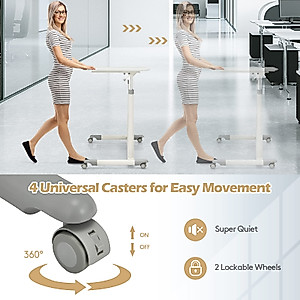 COSTWAY Mobile Height Adjustable Standing Desk, Compact Pneumatic Sit to Stand Computer Desk w/Lockable Casters, Ergonomic Rolling Laptop Table w/Steel Frame for Home Office (White)