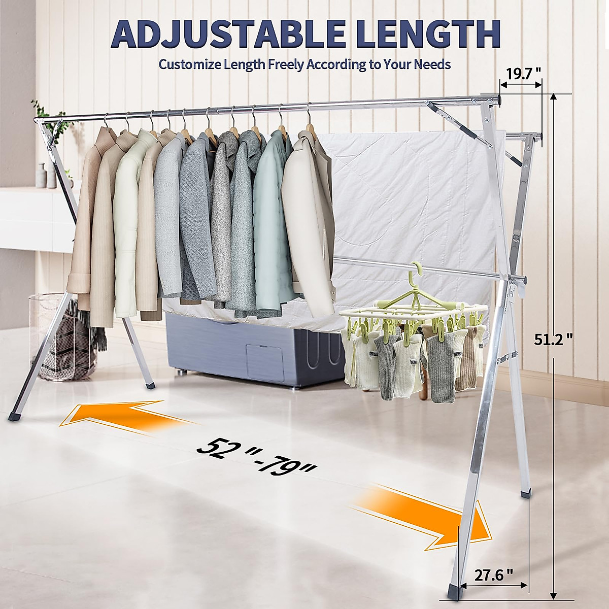 RSYEKU 79 Inches Clothes Drying Rack Outdoor,Stainless Steel Laundry Drying Rack Clothing Foldable & Collapsible Heavy Duty Garment Rack for Indoor Outdoor with Windproof Hooks