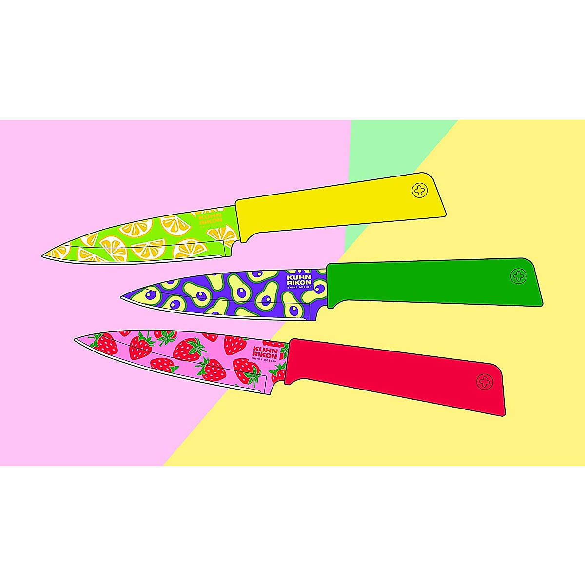 Kuhn Rikon Colori+ Non-Stick Straight Paring Knife with Safety Sheath, 4 inch/10.16 cm Blade, Funky Fruit Citrus