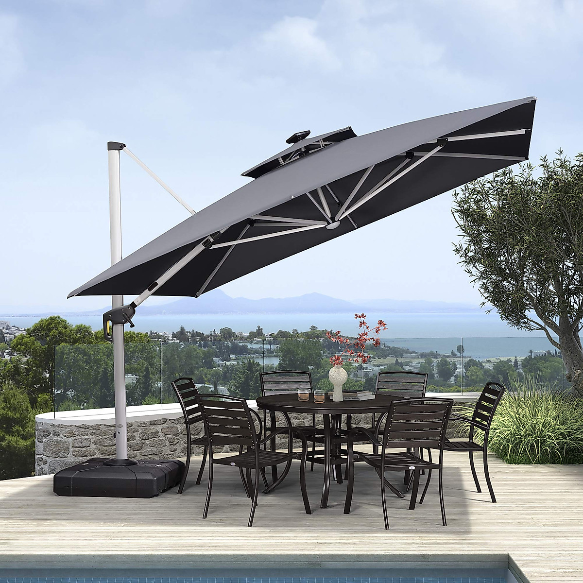 PURPLE LEAF 10 Feet Double Top Deluxe Solar Powered LED Square Patio Umbrella Offset Hanging Umbrella Outdoor Market Umbrella Garden Umbrella, Grey