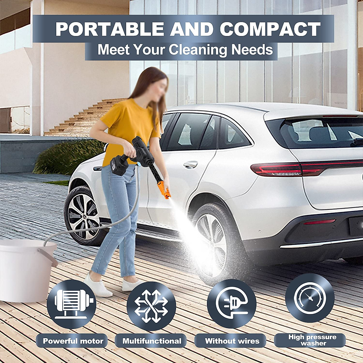 Tegatok Cordless Pressure Washer, 20V Battery Pressure Washer with Rechargeable Battery, Charger and Accessories, Portable Pressure Washer for Cleaning Car/Floor/Fence/Side and Watering Black
