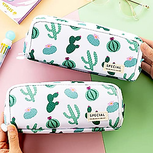 MAMUNU Big Capacity Pencil Pen Case, 3 Compartments Large Storage Canvas Pencil Pouch with Zipper, Green Cactus Design Aesthetic Pencil Pouch For Office School
