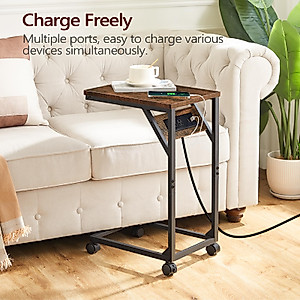 MAHANCRIS C Shaped End Table with Charging Station, Sofa Table with USB Ports and Outlets for Small Spaces, Small Side Table for Living Room, Bedroom, C Couch Table, Rustic Brown ETHR06E01