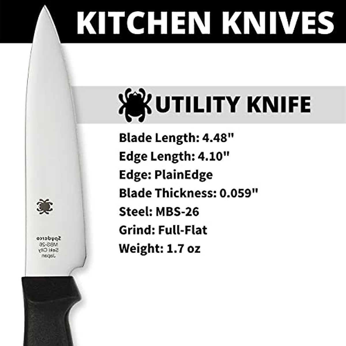 Spyderco Lightweight Kitchen Utility Knife with 4.5" MBS-26 Stainless Steel Blade and Black Polypropylene Plastic Handle - PlainEdge - K05PBK