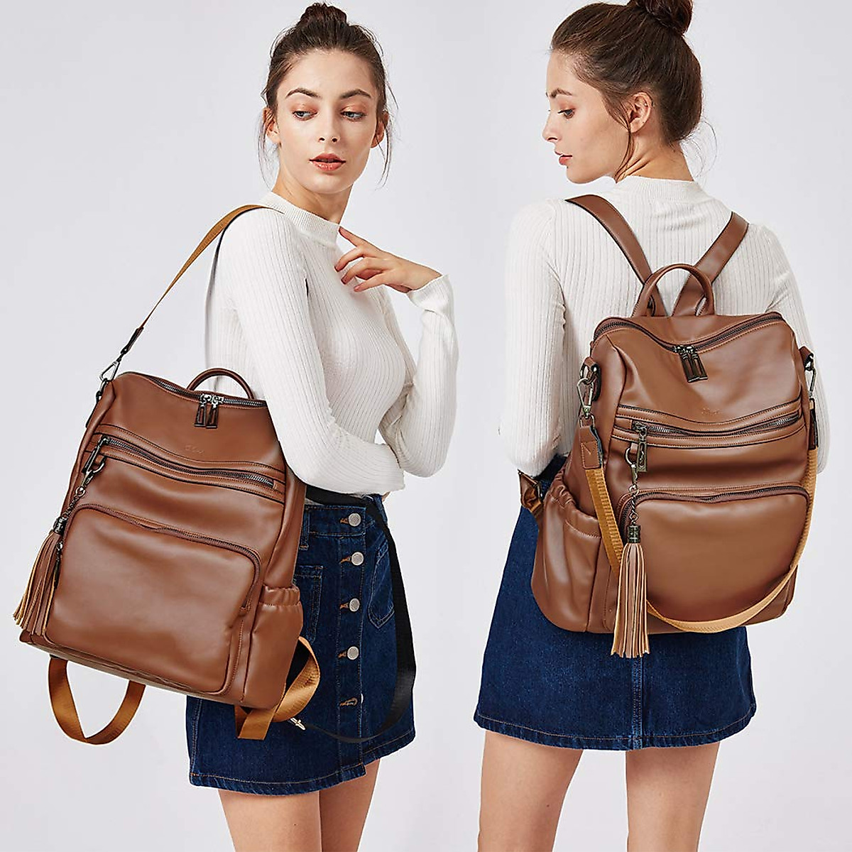 CLUCI Backpack Purse for Women Fashion Two Toned Leather Designer Travel Large Ladies Shoulder Bags with Tassel green