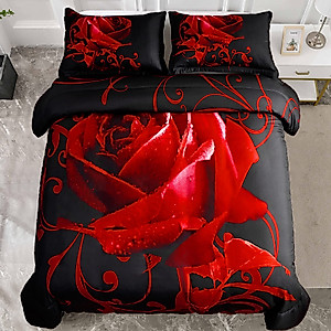 WONGS BEDDING Mother's Day Red Duvet Cover King, Reversible Red Rose Duvet Cover 3 Pieces with Zipper Closure-Ultra Soft Microfiber Bedding Set (1 Duvet Cover 90"x104"+2 Pillowcases)