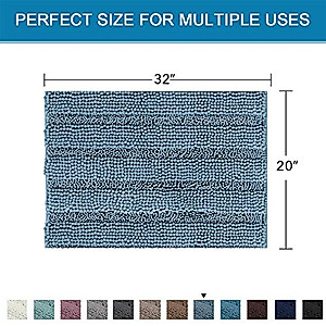 Bath Rugs for Bathroom Non Slip Bath Mats Extra Thick Chenille Striped Rug 20" x 32" Absorbent Non Skid Fluffy Soft Shaggy Washable Dry Fast Plush Mat for Indoor, Bath Room, Tub - Stone Blue