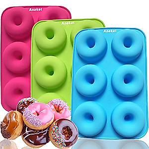 Anaeat 3 Pack Donut Pan Silicone Baking Mold, Just Pop Out! Non-Stick Doughnuts Baking Pans BPA Free for 6 Full-Size Donuts, Muffin, Cake Biscuit Bagels - Oven & Dishwasher Safe (Multicolor)