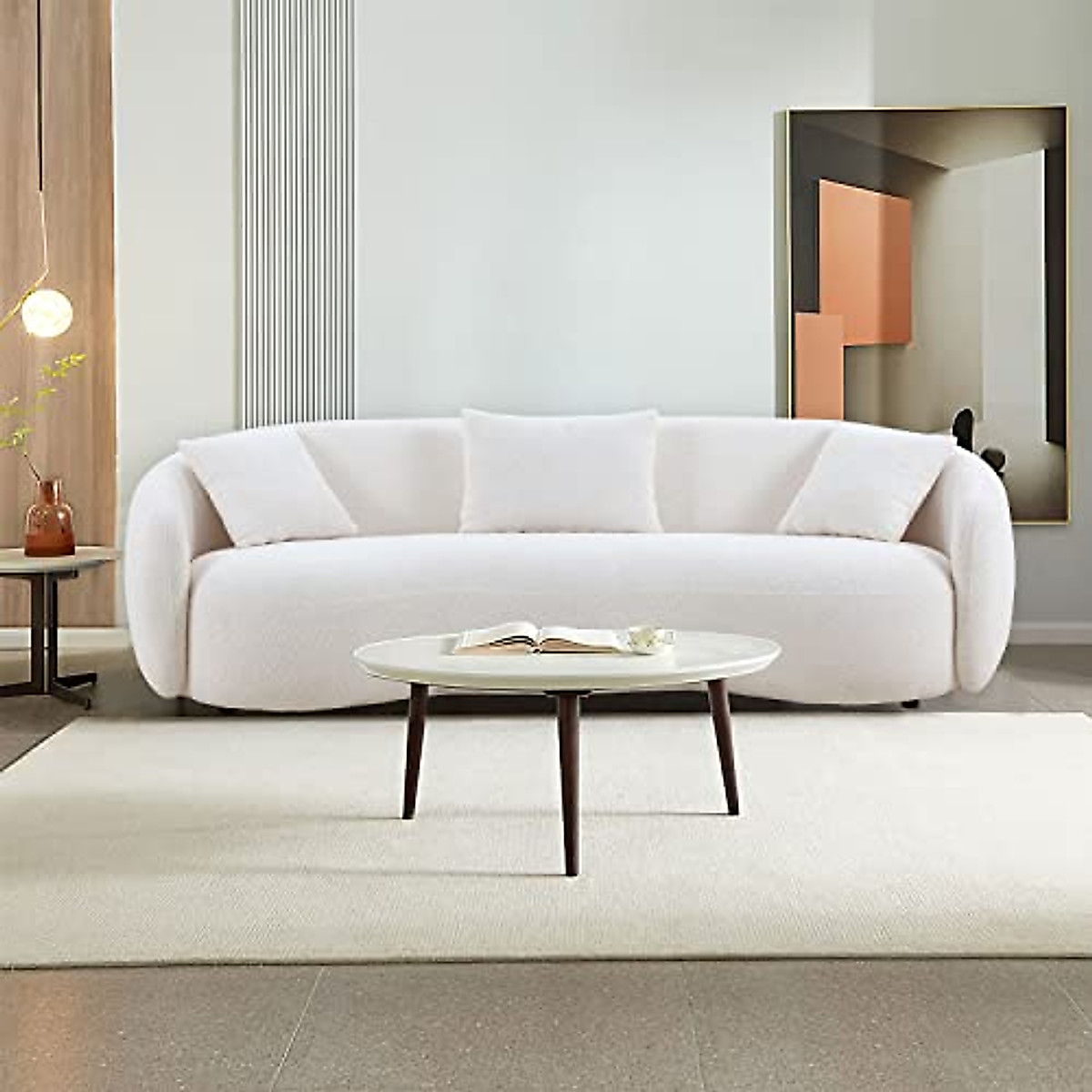 WILLIAMSPACE 94" Modern Curved Sofa, Back Upholstered Boucle Couch with 3 Throw Pillows, 3-Seat Boucle Fabric Couch for Living Room, Office, Apartment, Beige