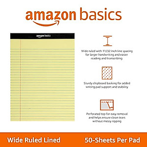 Amazon Basics Wide Ruled Lined Writing Note Pad, 8.5" x 11.75", Canary, 600 Perforated Sheets, 12-Pack of 50
