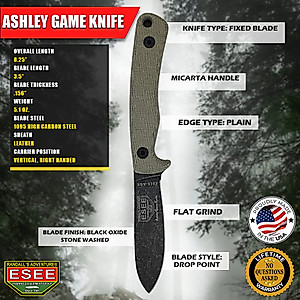 ESEE Knives Ashley Game Hunting Skinning Knife w/Sheath, Made in USA (Micarta)