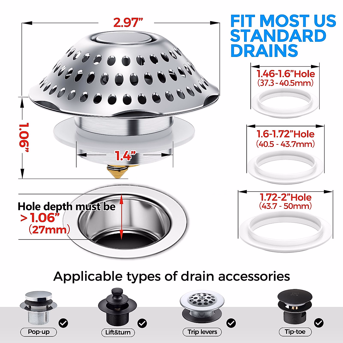 zaa Bathtub Drain Stopper, 2in1 Tub Stopper Bathtub Drain Cover and Hair Catcher, Pop Up Bathtub Drain Plug, Replaces Bath Tub Lift & Turn, Tip-Toe or Trip Lever, for 1.46-2" W Drain Hole, Silver