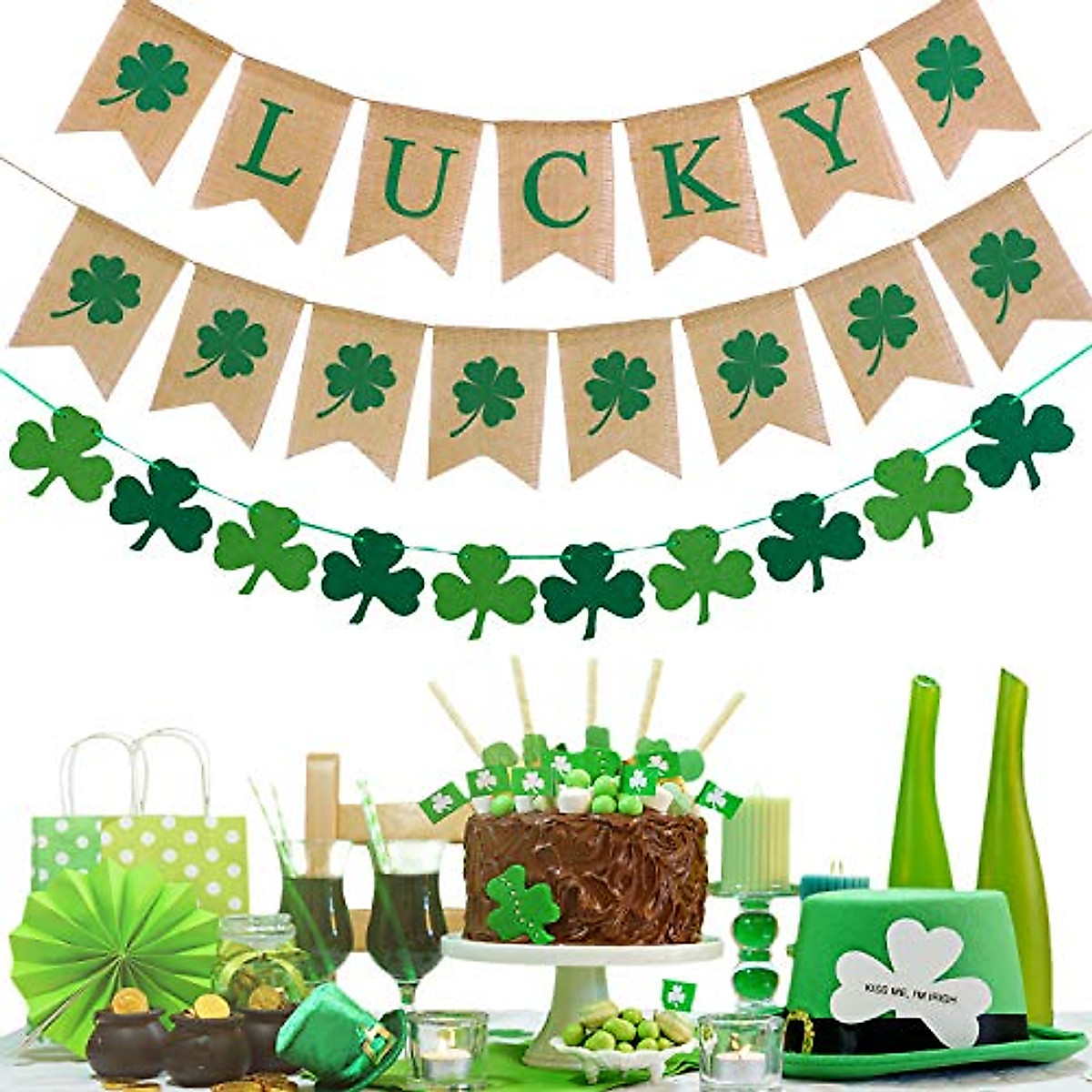 3 Pieces St. Patrick's Day Banner Shamrock Garland Lucky Banner Burlap Irish Garland Green Four Leaf Banner and Felt Shamrock Clover Banner Flags for Saint Patrick's Day Party Decor