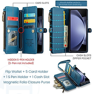 Defencase Wallet Case Compatible with Samsung Galaxy Z Fold 5 with RFID Blocking Card Holder & S Pen Holder PU Leather Magnetic Snap Flip Zipper Strap Phone Case Fit for Galaxy Z Fold 5, Dark Blue