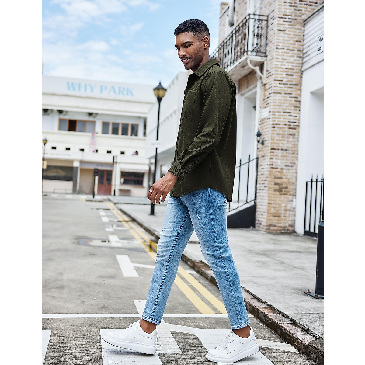 COOFANDY Men's Corduroy Shirt Jacket Slim Fit Button up Work Shirt with Two Flap Pockets Army Green