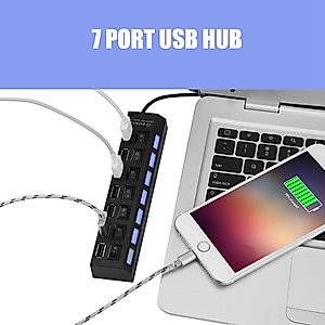 7 Port USB Hub,480Mbps No Conflict Plug & Play USB 2.0 Charger Hub with 7 Independent Switches and Multi-Level for Mobile Phone, Tablet PC, Keyboard, Mouse, Hard Drive, etc