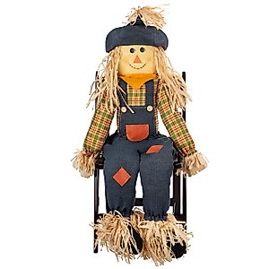 Gift Boutique Large Thanksgiving Sitting Scarecrow Decor, 50" Male Boy Sitting Scarecrows Deluxe Holiday Indoor Outdoor Fall Decoration for Autumn Harvest Home Porch Yard Garden Fireplace Mantle