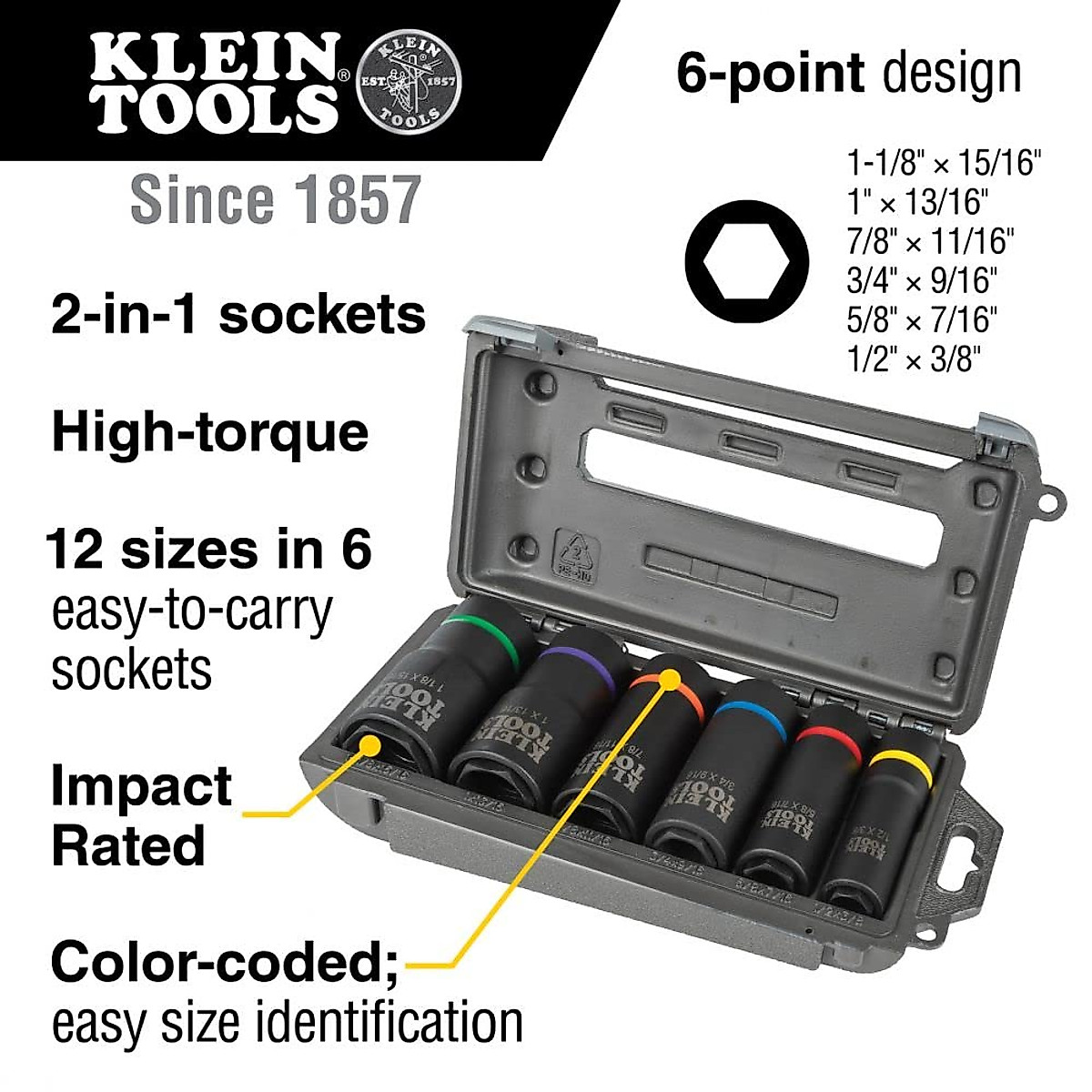 Klein Tools 66060 2-in-1 Impact Socket Set, 6-Piece Tool Set with 6-Point Deep Sockets with 1/2-Inch Drive, Includes Tool Case
