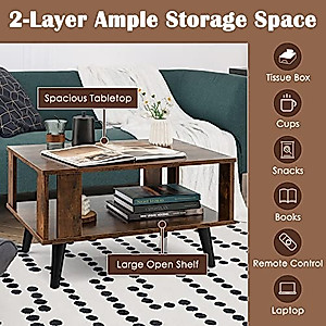 Tangkula Small Coffee Table for Small Space, 2-Tier Wooden Center Table with Open Storage Shelf, Side Baffle, Easy Assembly, Industrial Side Table for Living Room Bedroom (Rustic Brown)
