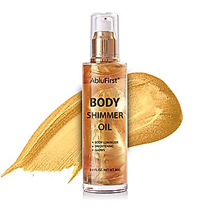 Shimmer Body Oil 2 Colors (2.8 Fl Oz (Pack of 1), Summer Body Glitter Moisturizing Light Shimmer Glow Non-Sticky Summer Body Luminizer and Illuminator Smooth (2.8 Fl Oz (Pack of 1), Gold)