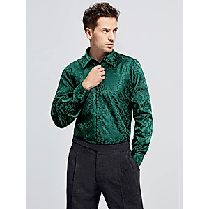 HISDERN Men's Satin Green Dress Shirts Shiny Emerald Luxury Button Down Shirt Casual Fashion Long Sleeve Floral Shirts Tuxedo Party Prom Night Club
