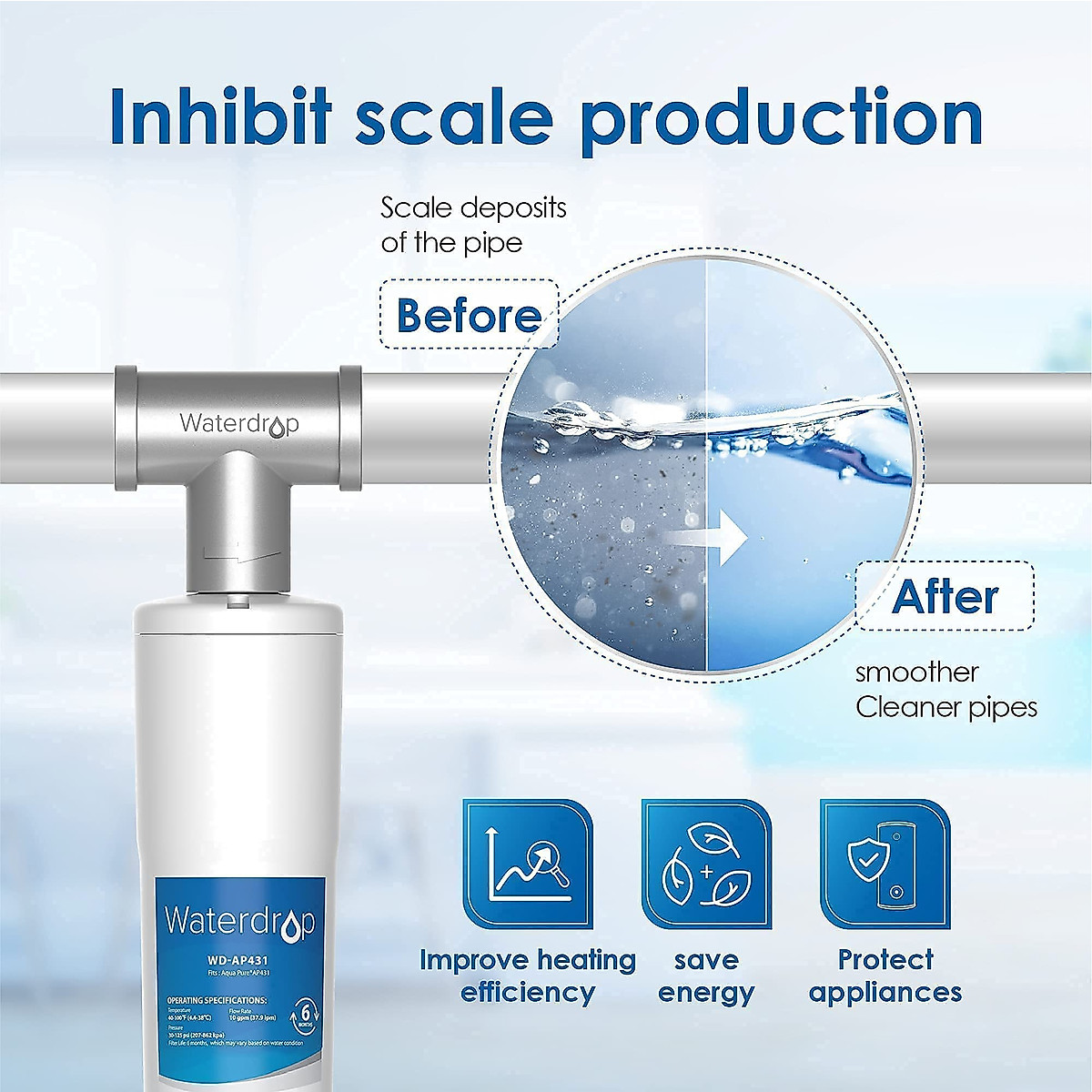 Waterdrop AP431 Cartridge, Whole House Scale Inhibitor Inline Water System, Replacement for Aqua-Pure AP431 Hot Water Scale Inhibitor for AP430SS