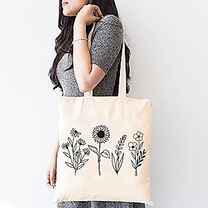 Wildflower Canvas Tote Bag Flower Lover Funny Reusable Shopping Bag with Handles For Student Work 15.8 x 13.5 inches
