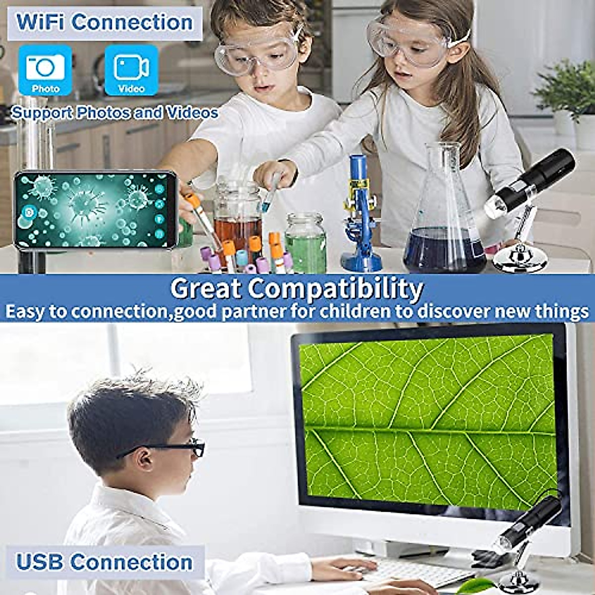 Necesa Wireless Digital Microscope,USB Microscope 50-1000 X Magnification Pocket Handheld Mini Portable WiFi Coin Microscopes Camera for Kids Children Student Adult Android iOS Phone Tablet Computer