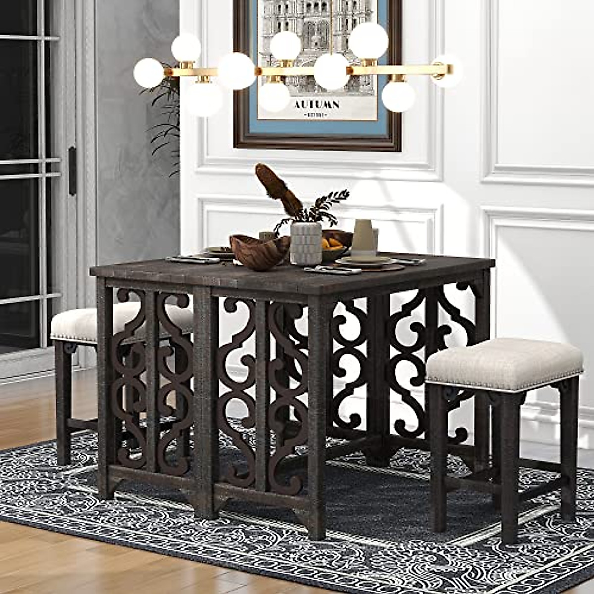 Kisyapoo Multipurpose Retro 3-Piece Dining Table Set, Solid Wood Counter Height Pub Set, Foldable Table with 2 Padded Saddle Stools for Kitchen Dining Room Home Bar, Space-Saving Design (Espresso)
