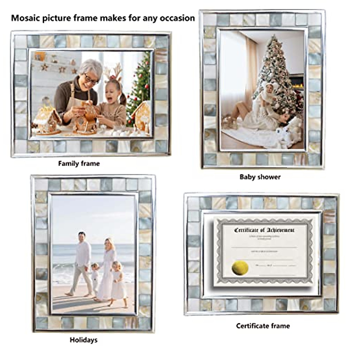 GIFTME 5 Silver Plate Picture Frame 5x7 Mother of Pearl 5 by 7 Photo Frame Mosaic Glass Tabletop Frame (Grey+ White,1pc)