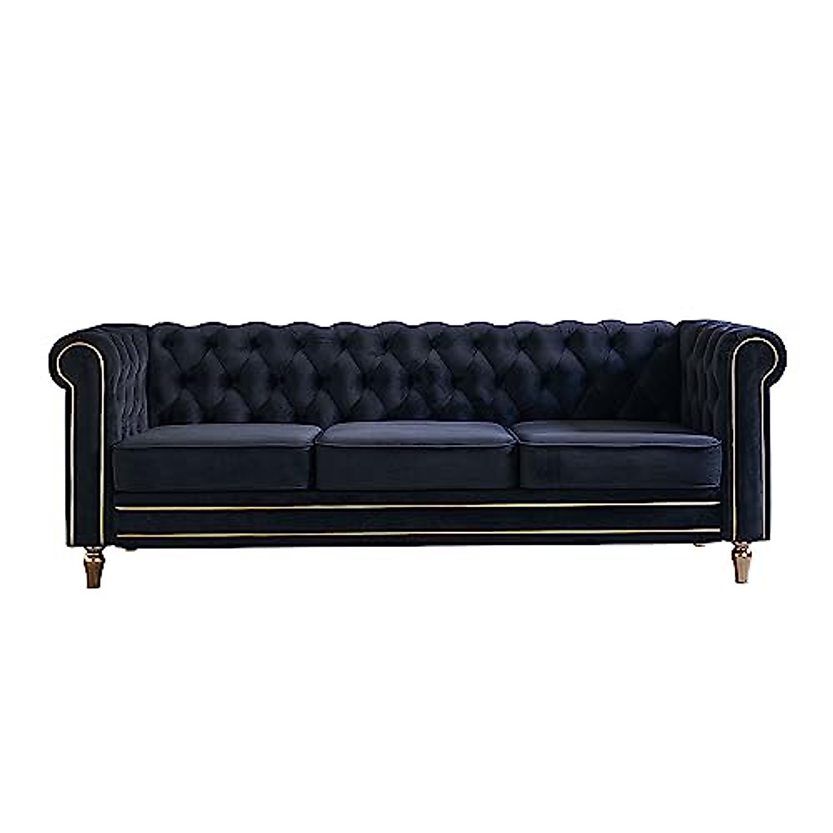 EMKK 84" Upholstered Chesterfield Tufted Sofa Couch for Living Room, Velvet Rolled Arm 3 Seater Classic Settee Sofá with Gold Trim, Black