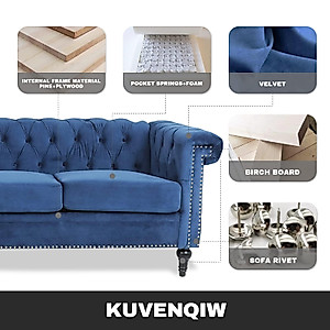 KUVENQIW Modern Chesterfield Sofa Fabric Couch.Button Tufted Nailhead upholstered Three-Seater Sofa for Living Room, Bedroom, Office Lounge.Comfortable and Durable.(Blue)