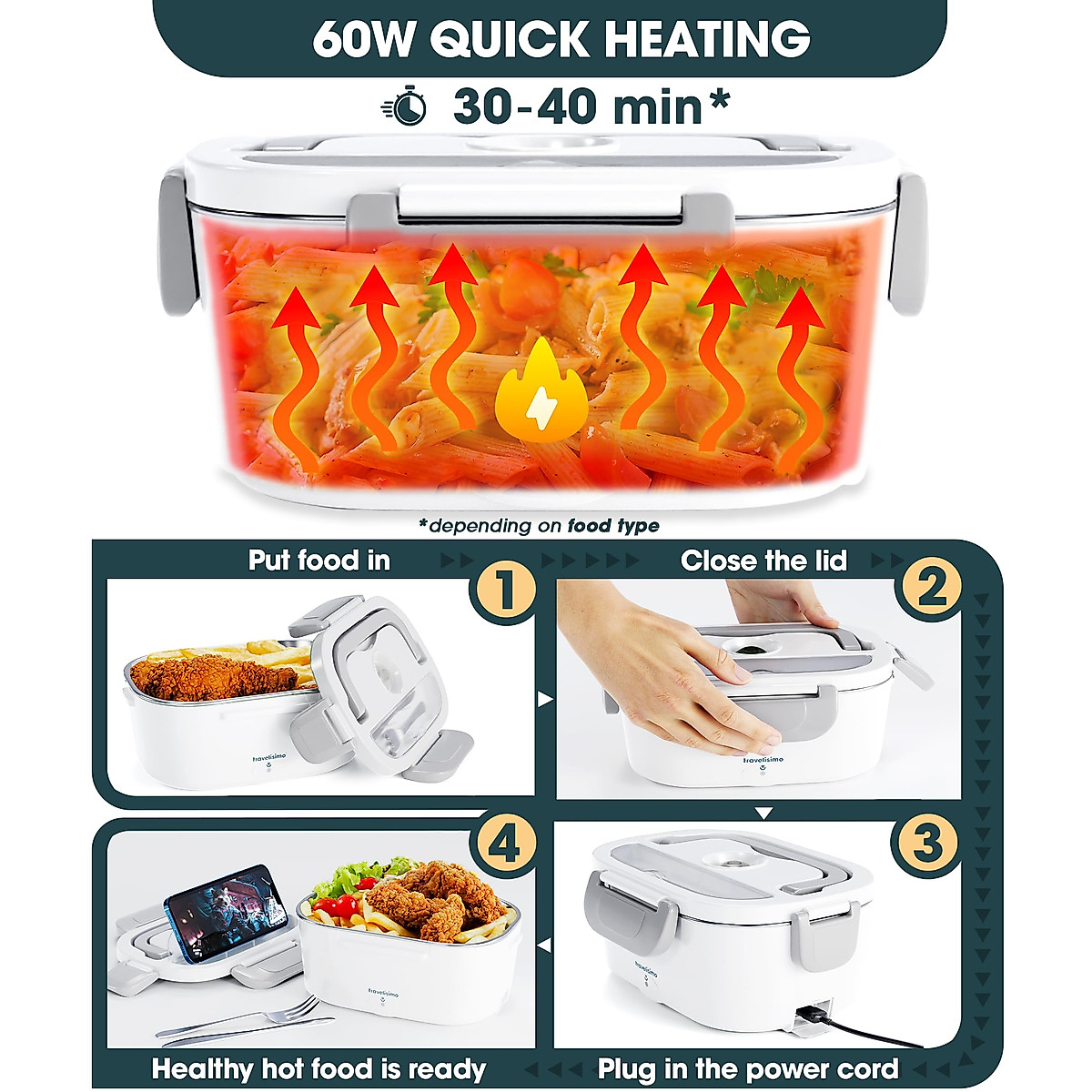 Travelisimo Electric Lunch Box Food Heater High Power 60W, 3 in 1 Portable Heated Lunch Box for Adults for Car Truck & Work 12V 24V 110V, Loncheras Electricas para Calentar Almuerzo