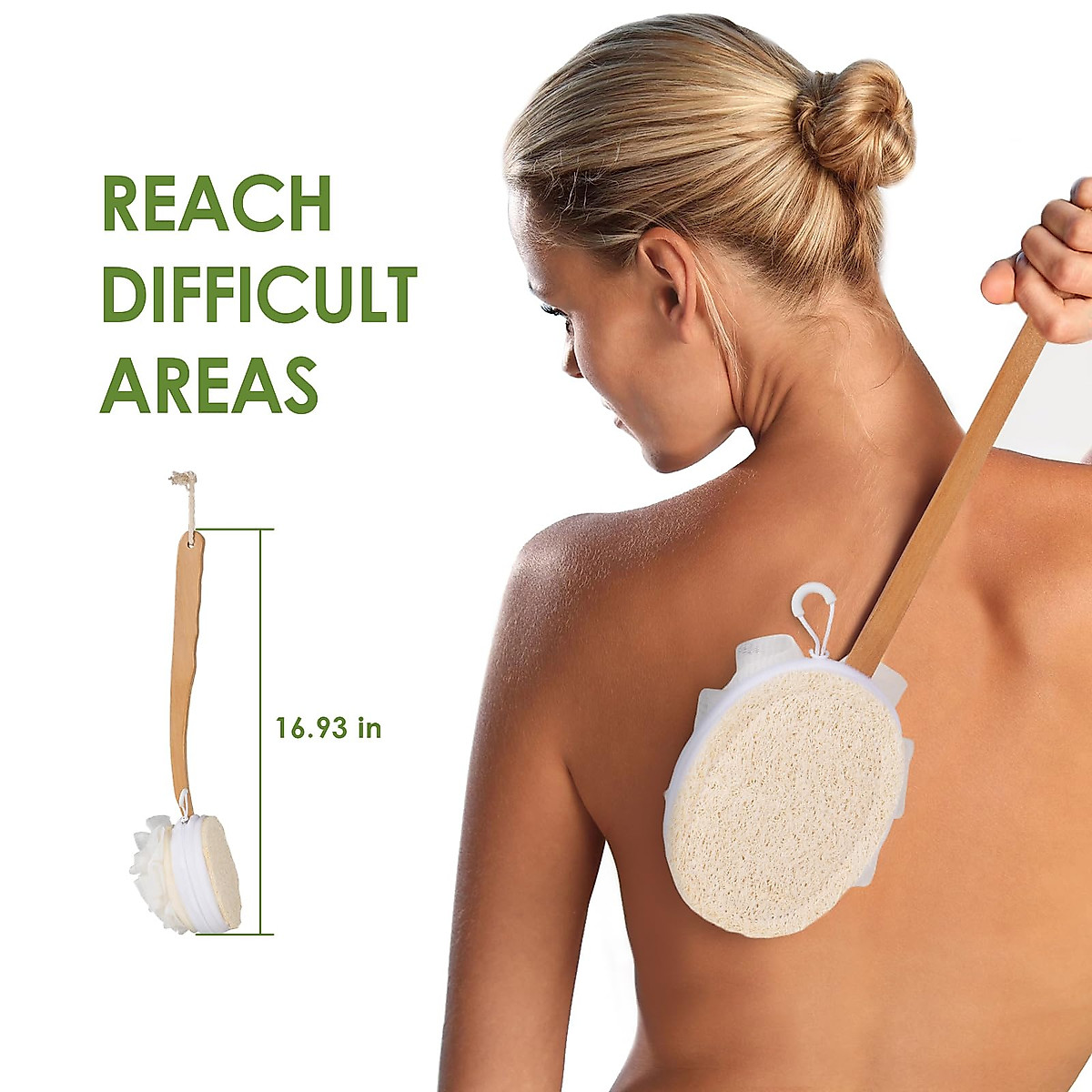 Shower Body Scrubber with Curved Long Handle, Dual-Sided Brush with Soft Mesh and Natural Loofah for Skin Exfoliating, Back Body Exfoliator for Bath