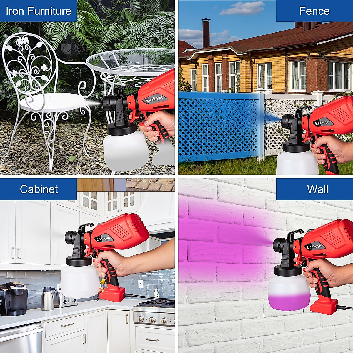 Esakoya Paint Sprayer, 700W HVLP Spray Gun with 1200ML Container, 4 Nozzles and 3 Patterns, Easy to Clean, for Furniture, Cabinets, Fence, Walls, Door, Garden Chairs etc