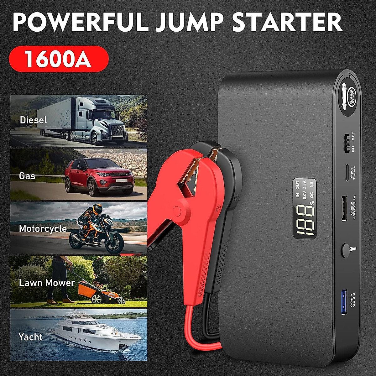 3000A Peak Battery Jump Starter 16000mAh Jump Pack 1600A Rated 12V with Jumper Cables, Portable Battery Booster with USB QC 3.0 PD 18W Fast Charging for Car 7.2L Gas/5.5L Diesel Engine