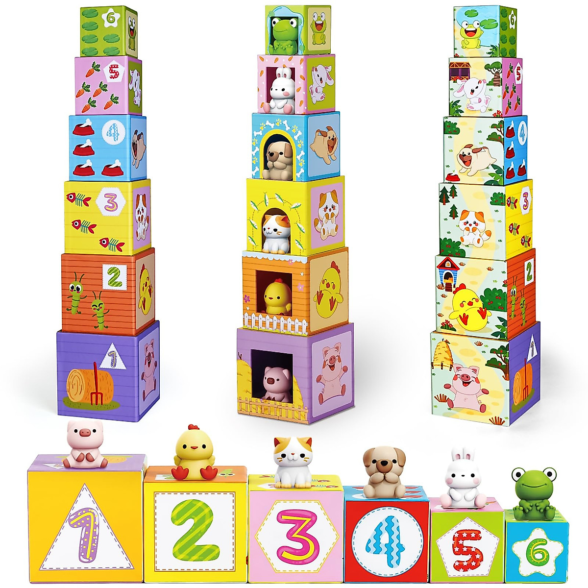 ShyLizard Toddler Farm Animal Sorting and Stacking Toys, Nesting Boxes and Blocks With Finger Puppets - Gifts for 1-3 Year Olds