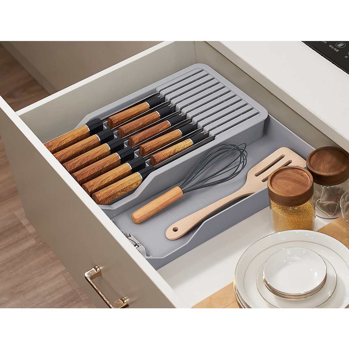 SOMIER Expandable Knife Organizer, Kitchen Drawer Knife Block with Adjustable Compact Flatware Cutlery Tray for Cooking Utensils, 2 Tier Knife Holder Insert for 11 Knives Storage, Gray