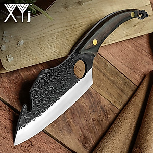 XYJ 6.5 Inch Butcher Boning Knife With Bottle Opener - Professional Kitchen And Outdoor Meat Cutting Knife Full Tang Stainless Steel Finger Hole Blade With Rosefinch Design Wood Handle Gift Box