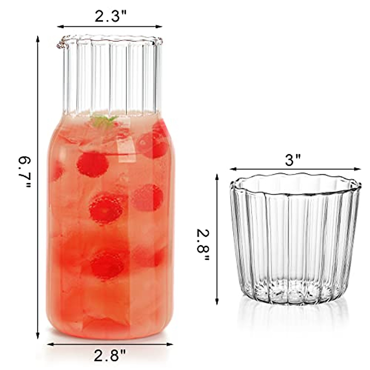 Hacaroa 4 Pieces Bedside Water Carafe with Tumbler Glass, 18 Oz Nightstand Water Carafe and Glass Set, Clear Water Pitcher and Cup Set Mouthwash Container for Desktop, Bedroom, Bathroom, Cup 8 Oz