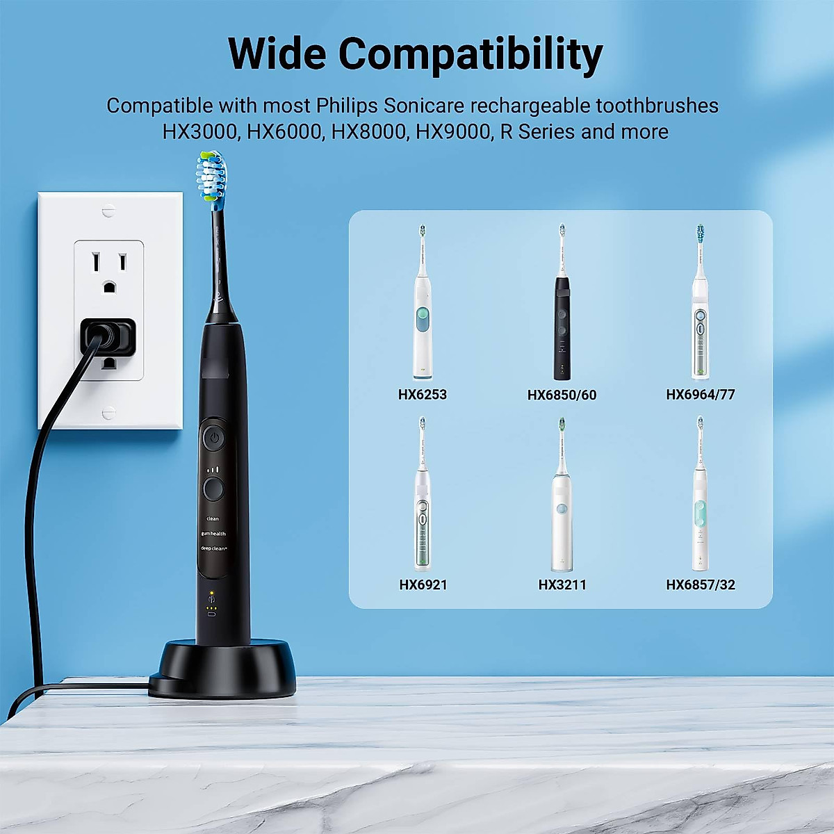 Replacement Model HX6100 Charger Compatible with Philips Sonicare Protective Clean 5100 5300 Electric Toothbrush Charging Base, HX6000 / HX8000 / HX9000 Portable Waterproof Power Cord