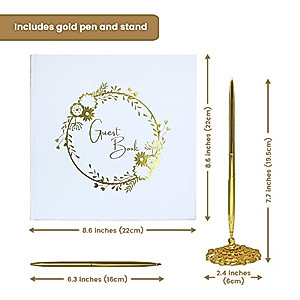 AURAFRANCINA Wedding Guest Book with Gold Foil Printed Design - Guest Book with Gold Pen & Holder - Unique Guest Book Wedding Reception with 100 Gold Foil Edge Pages - Hardcover Guest Book for Party